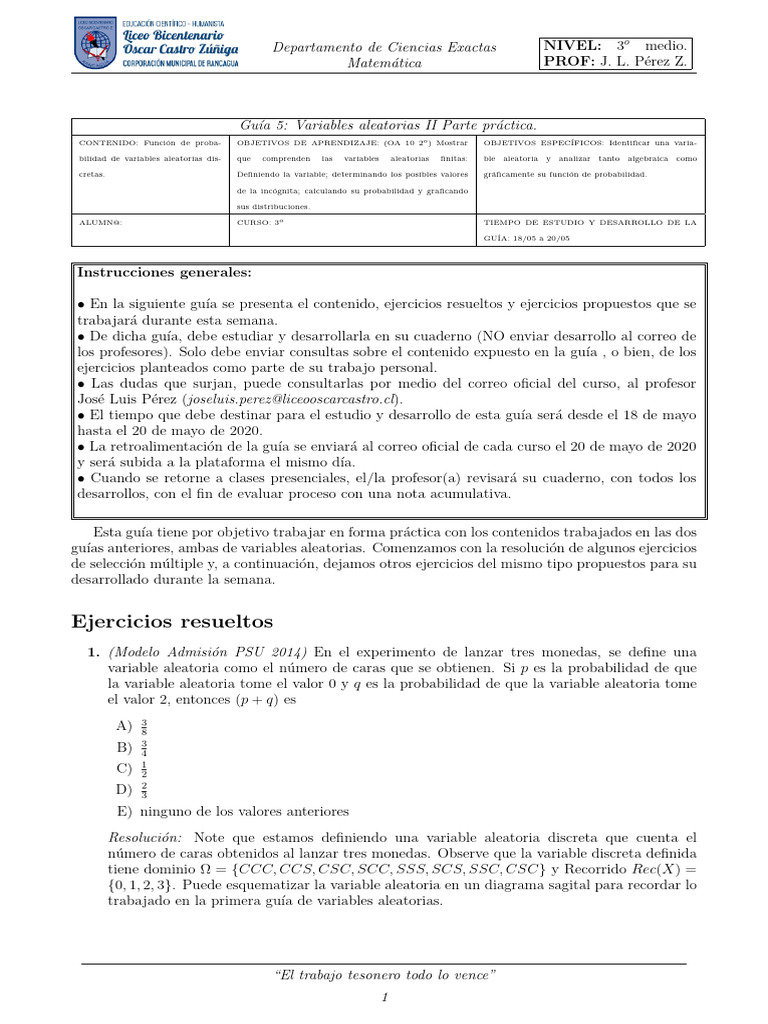 Mat 3med Clas Sem05 Guia | PDF | Variable aleatoria | Probabilidad
