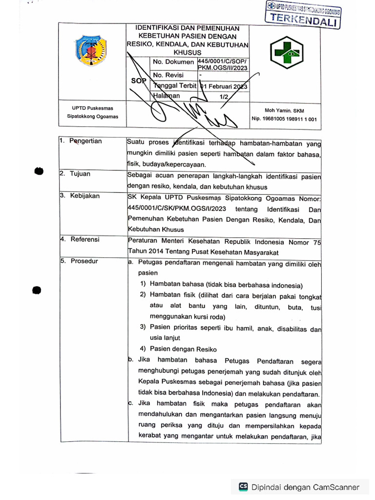 3.1.1.a.2 SOP Identifikasi Dan Pemenuhan Kebutuhan Pasien Dengan Risiko, Kendala, Dan Kebutuhan ...
