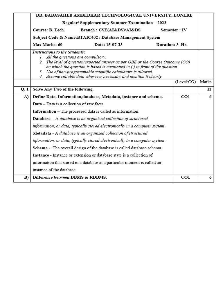 Model Ans Paper Btaic402 | PDF | Databases | Relational Database
