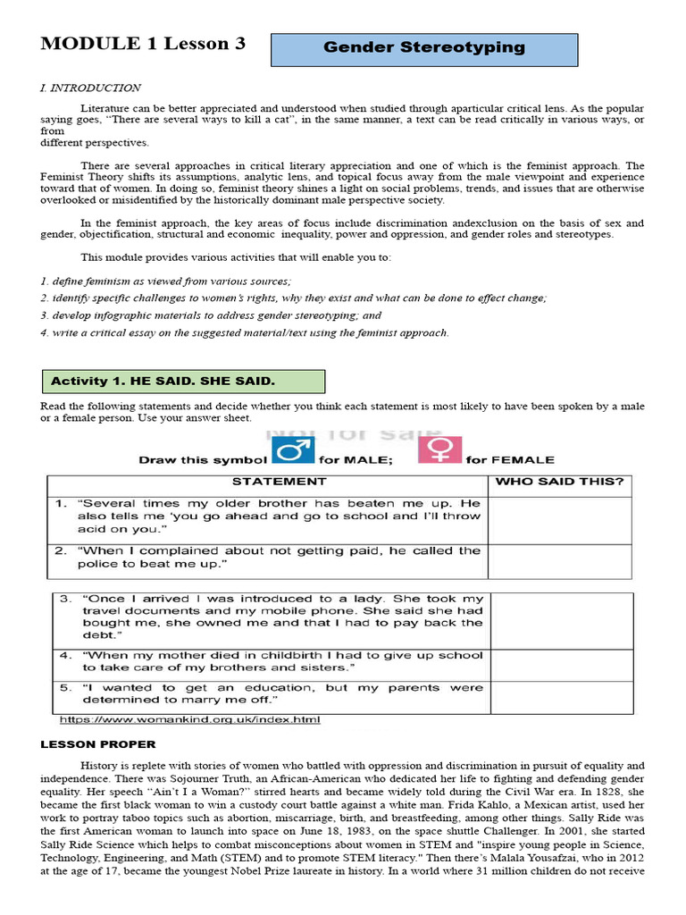 MODULE 1 Lesson 3 Gender Stereotyping | PDF | Feminism | Gender Studies