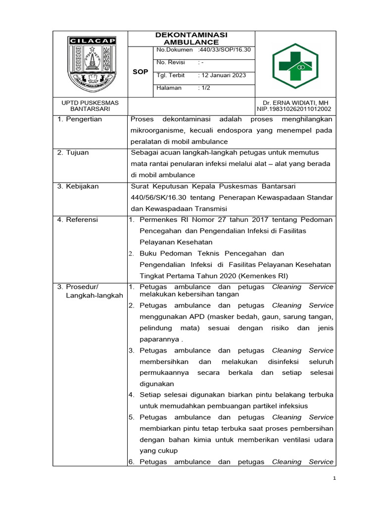 SOP Dekontaminasi Ambulance | PDF | Sains & Matematika