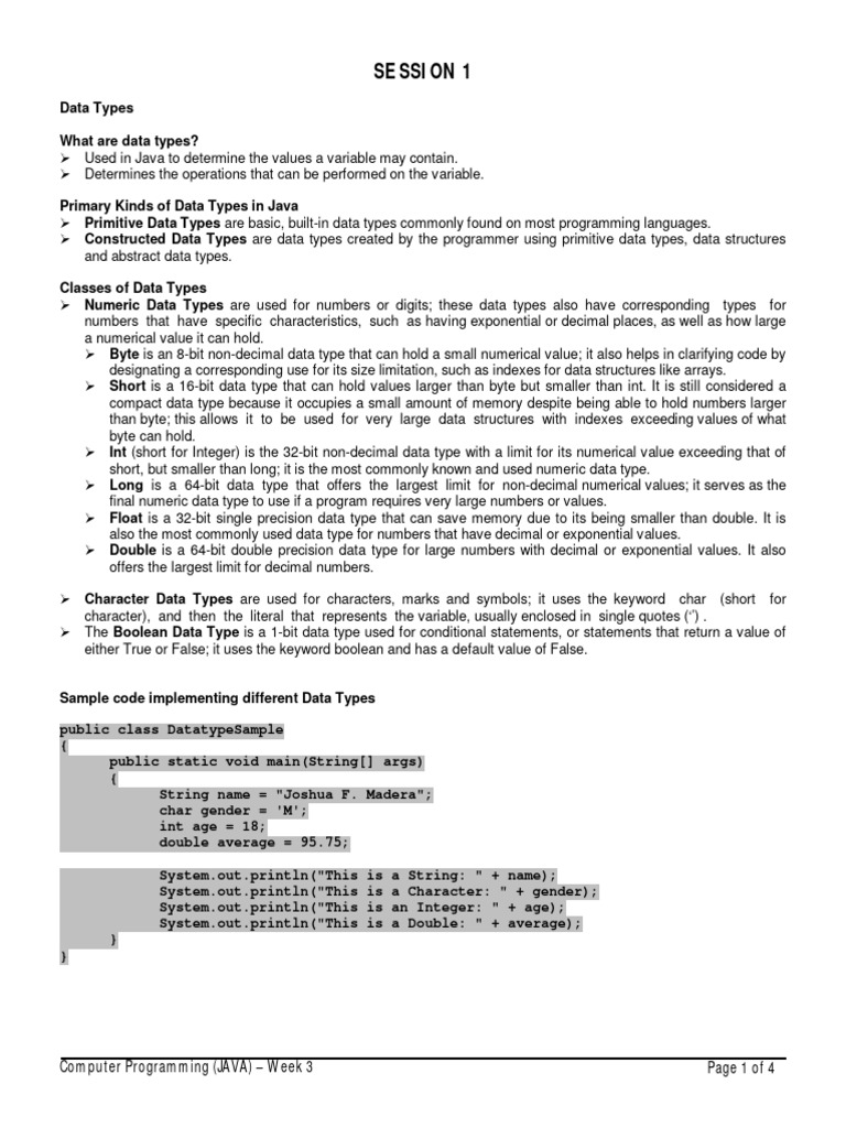 Computer Programming Week 3 Pdf Data Type Integer Computer Science