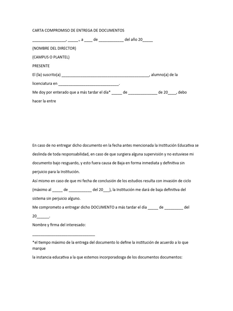 Carta Compromiso de Entrega de Documentos | PDF
