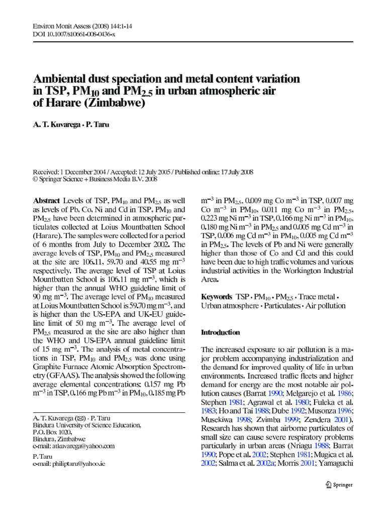 Ambiental Dust Speciation and Metal Content Variation in TSP, PM10, PM2 ... Ambiental Dust Speciation and Metal Content Variation in TSP, PM10, PM2 ...