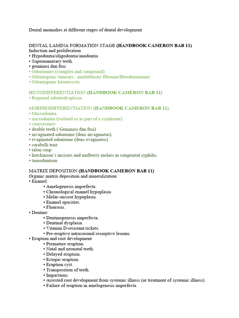 Dental Anomalies at Different Stages of Dental Development | PDF