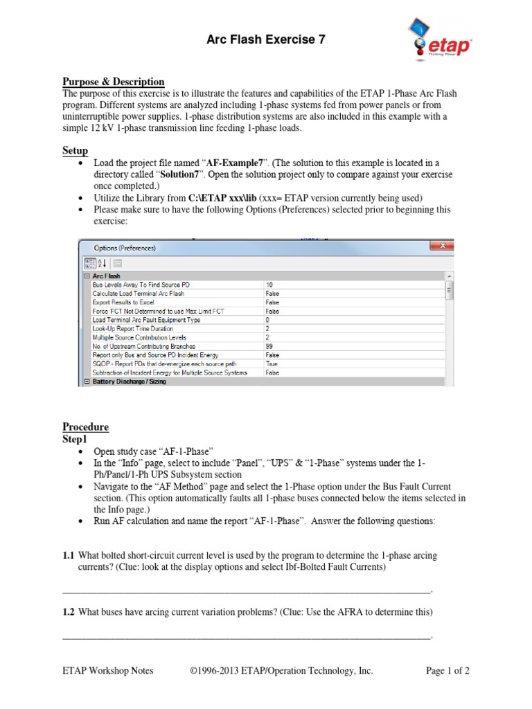 ETAP 1-Phase Arc Flash Exercise Guide | PDF