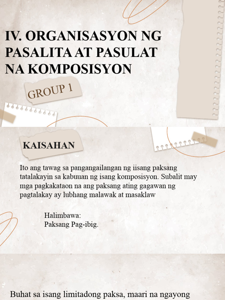 FIlipino Group1 Organisasyon Ng Pasalita at Pasulat Na Komposisyon | PDF