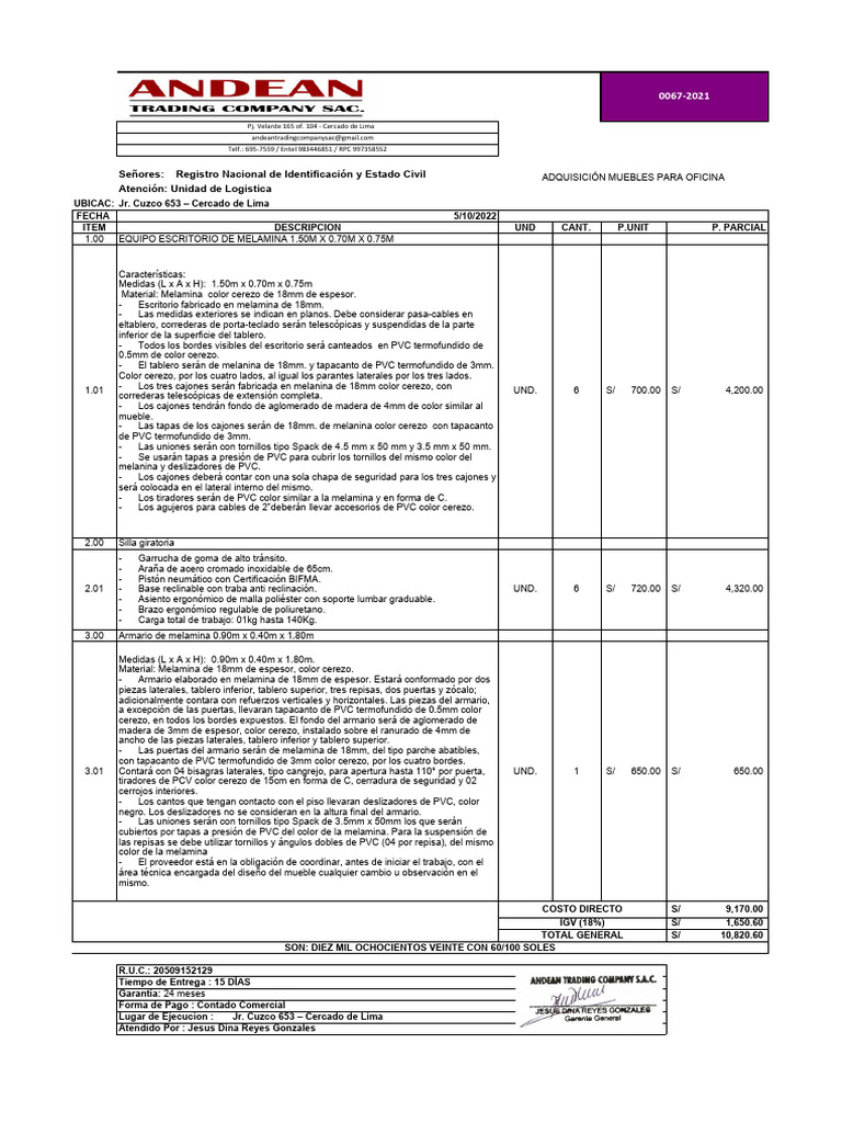 Coti-Andean-Adquisición de Mobiliario | PDF