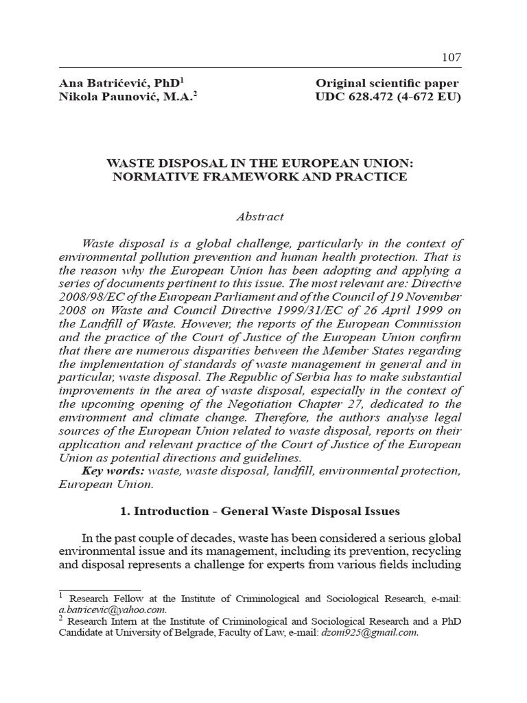 Waste Disposal in The European Union - Normative Framework and Practice ...