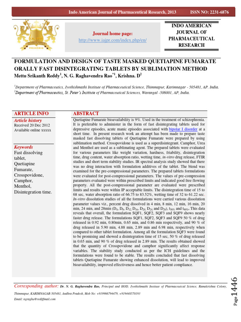 Formulation and Design of Taste Masked Quetiapine Fumarate Orally Fast Disintegrating Tablets by ...