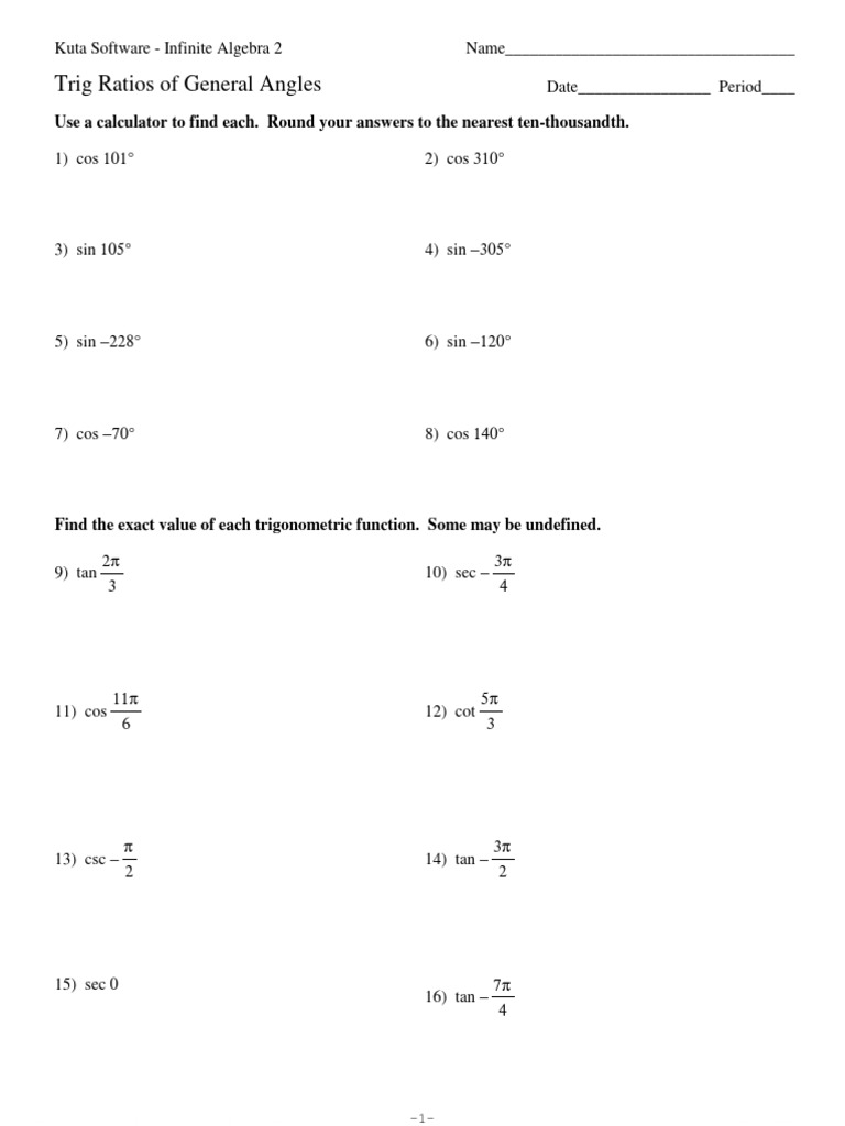 Trigonometric Ratios Worksheet | PDF | Trigonometry | Trigonometric ...