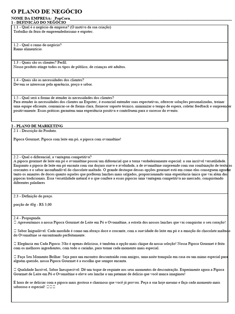 MODELO 1 - PLANO DE NEGÓCIO SIMPLIFICADO | PDF | Vantagem competitiva | Plano de negócios