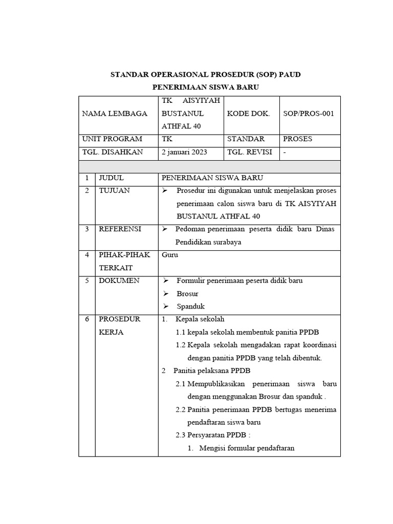 Sop Penerimaan Siswa | PDF
