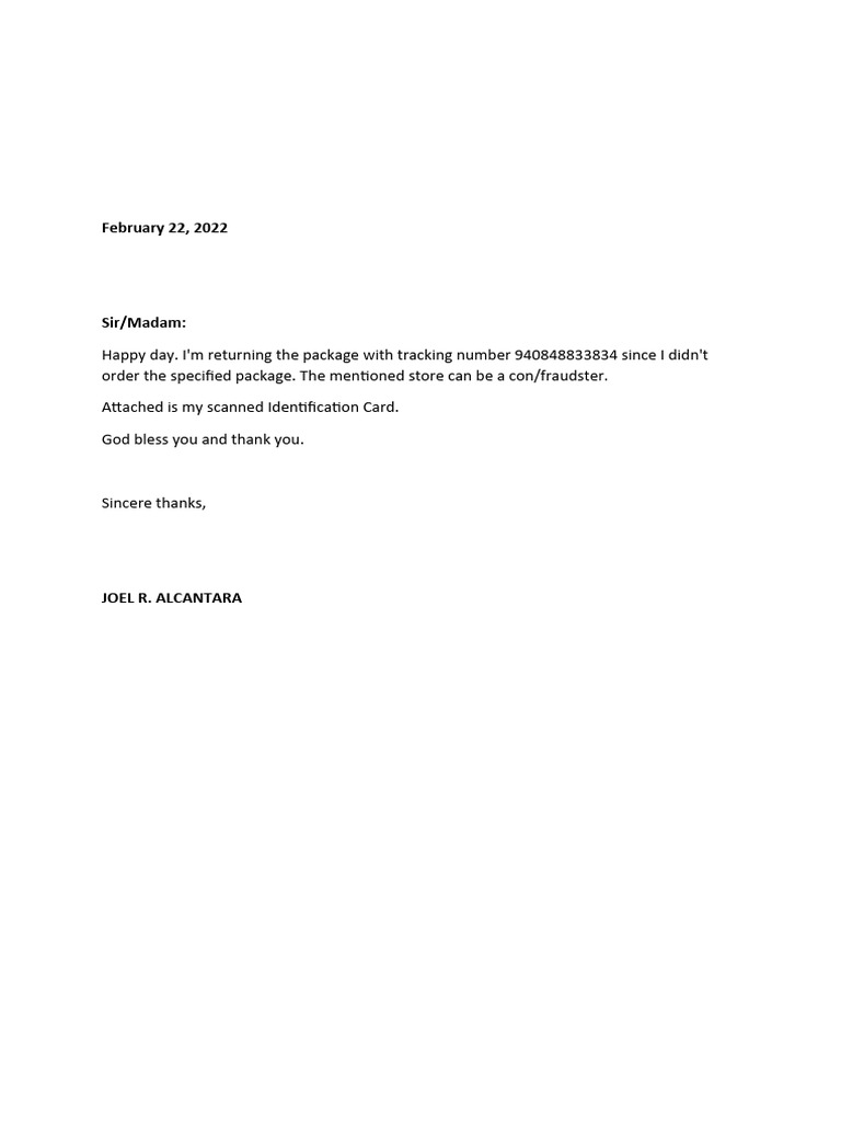 Letter To Return A Scam Parcel | PDF