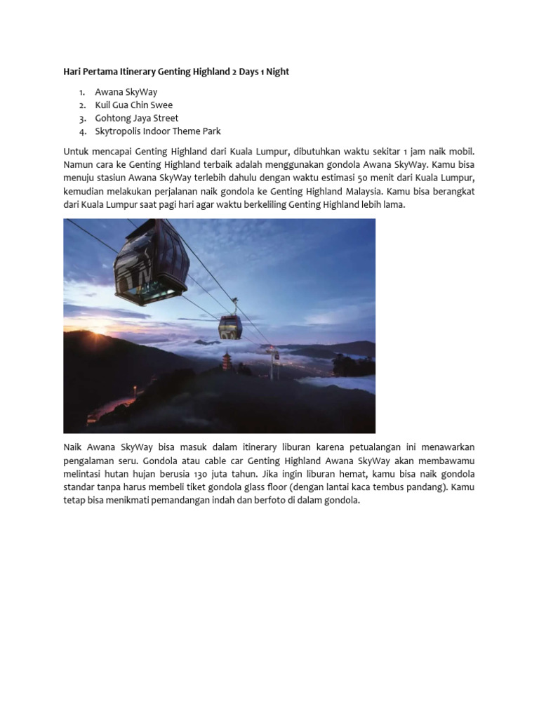 Itinerary 2 Hari di Genting Highland | PDF