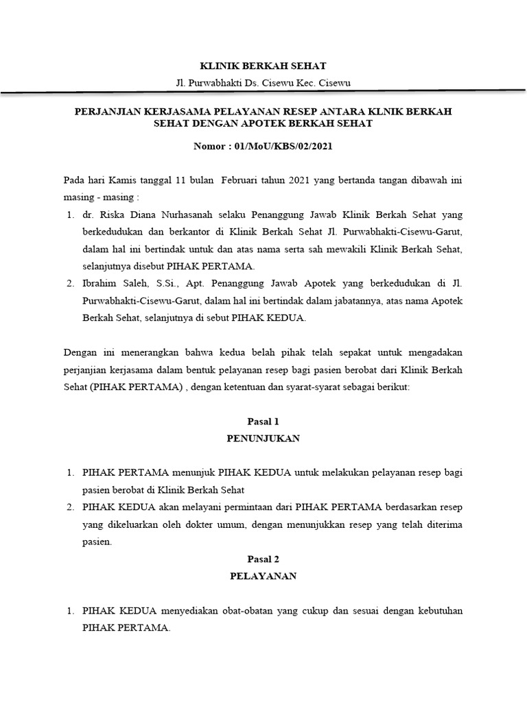 Draft Perjanjian Kerjasama Klinik Dengan Apotik Pdf
