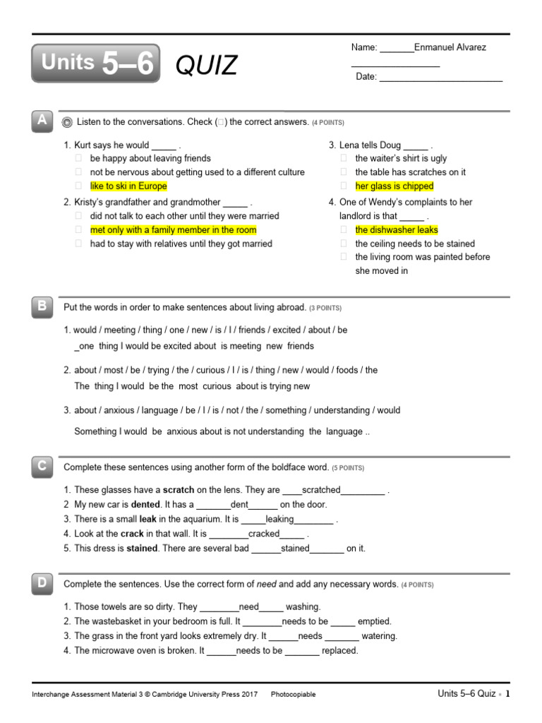 Units 5–6 Quiz: Listening & Grammar | PDF