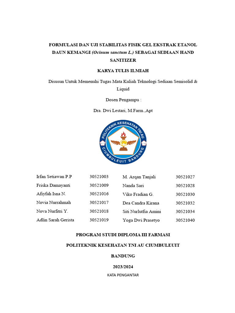 Formulasi Dan Uji Stabilitas Fisik Gel Ekstrak Etanol Daun Kemangi | PDF