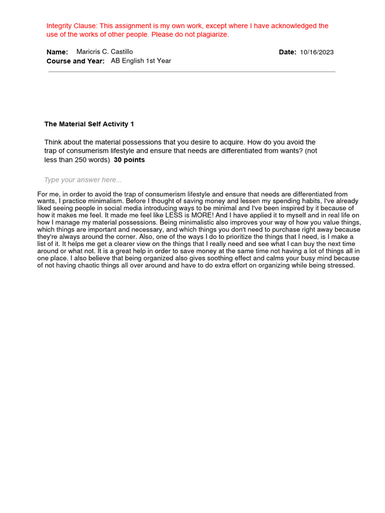 Material Self Activity | PDF