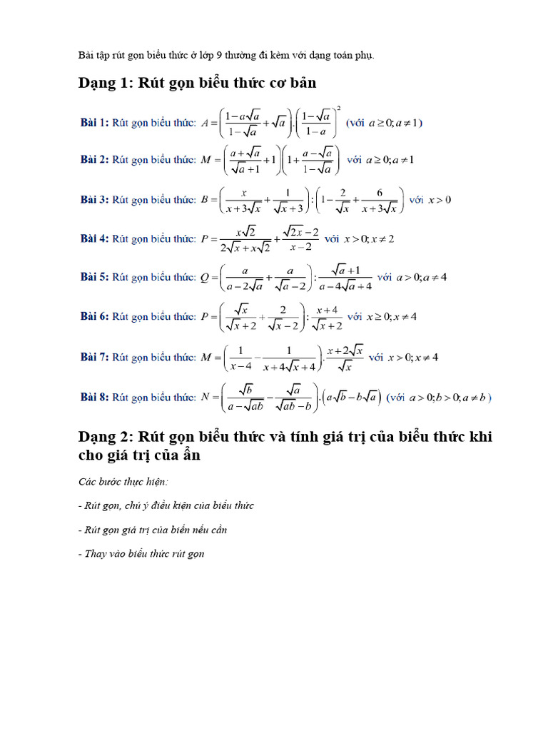 Bai Tap Rut Gon Bieu Thuc Lop 9 Theo Tung Dang | PDF