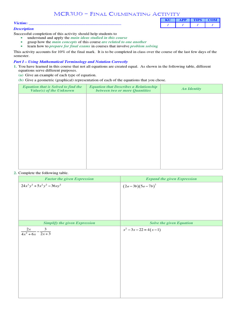 MCR3U0 - Final Culminating Activity | PDF | Function (Mathematics ...