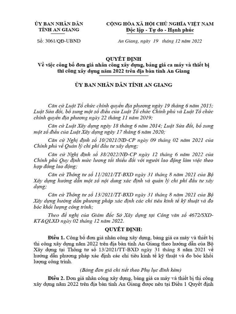 2023 - QĐ 3061 - Cong Bo Don Gia Nhan Cong Va May Thi Cong 2022 | PDF