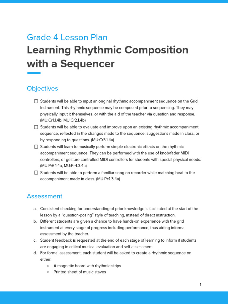 Learning Rhythmic Composition With A Sequencer Lesson Plan 1 | PDF