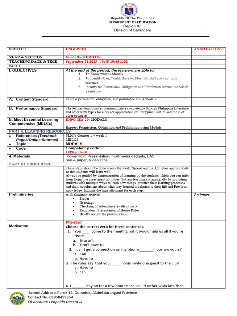 LESSON PLAN in COT1 - Q1 (2023-2024) | PDF | Learning | Communication