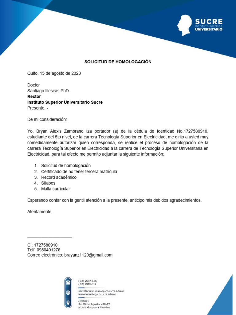 Solicitud - Homologación - Bryan Zambrano | PDF