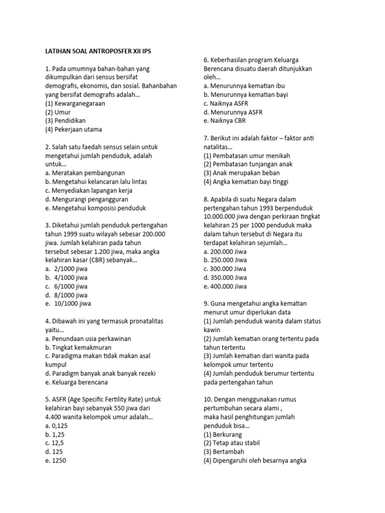Latihan Soal Antroposfer Xii Ips | PDF