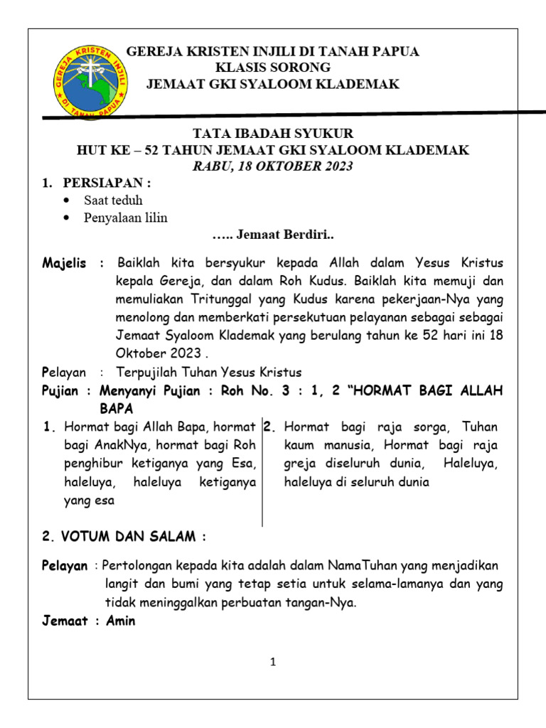 LITURGI HUT GKI SYALOOM KLADEMAK KE - 52 TAHUN Contoh 2 | PDF