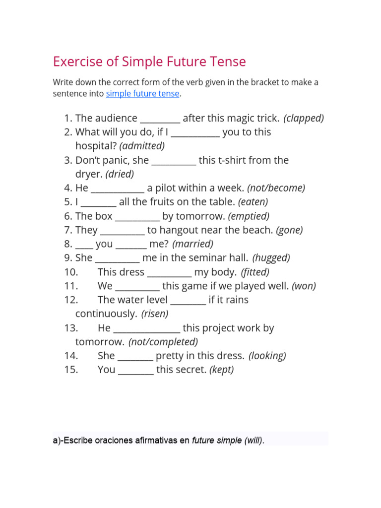 Exercise of Simple Future Tense | PDF