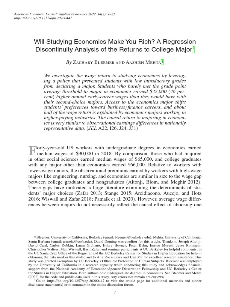 Bleemer Mehta 2022 Will Studying Economics Make You Rich A RDD of The ...