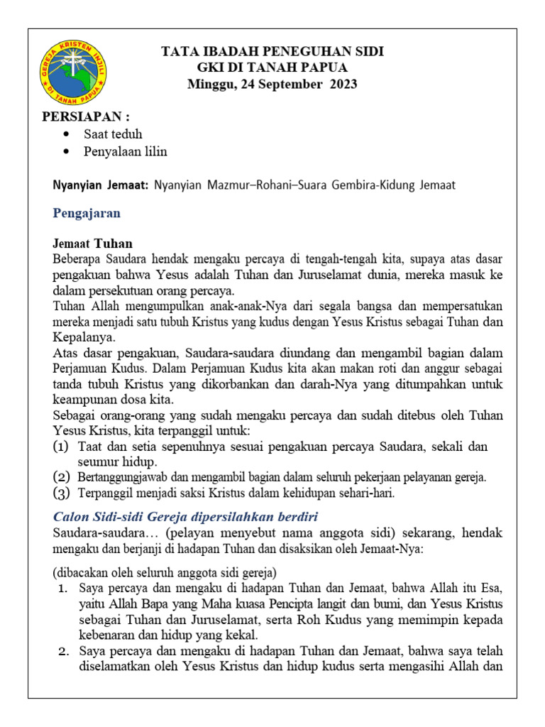 Tata Ibadah Peneguhan Sidi GKI Papua | PDF | Ilmu Sosial