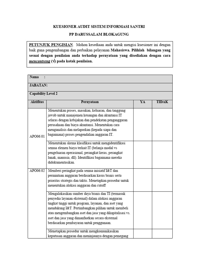 KUESIONER AUDIT SISTEM INFORMASI SANTRI Fix | PDF