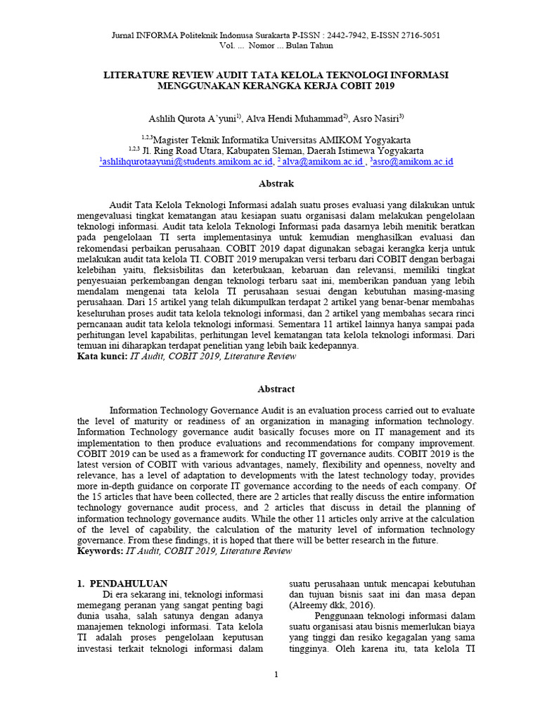 Literature Review Audit Tata Kelola Teknologi Informasi Menggunakan Kerangka Kerja Cobit 2019 Pdf