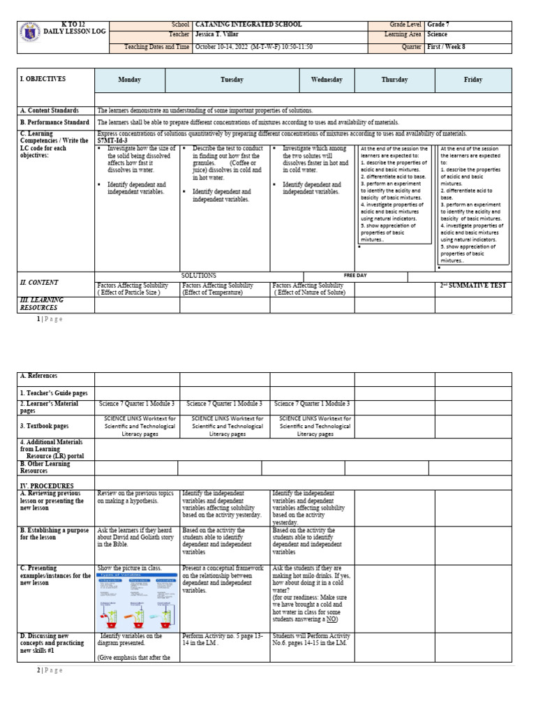 Grade 7 Science Lesson on Solutions | PDF