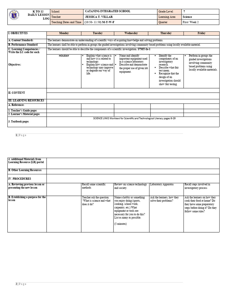 DLL Science 7 q1 Week 2 | PDF