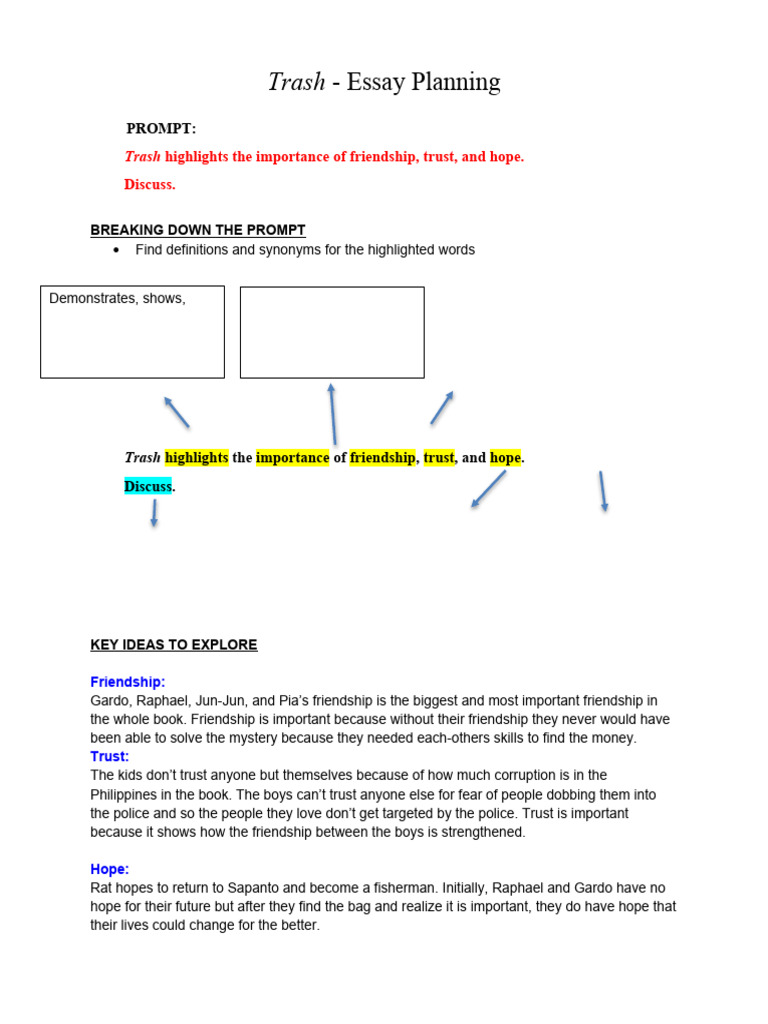 Trash Essay Planning - Scaffold | PDF