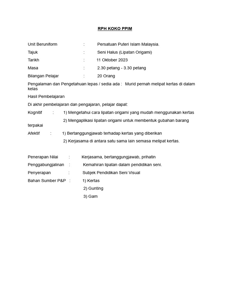 RPH Koko Ppim Minggu 2 | PDF