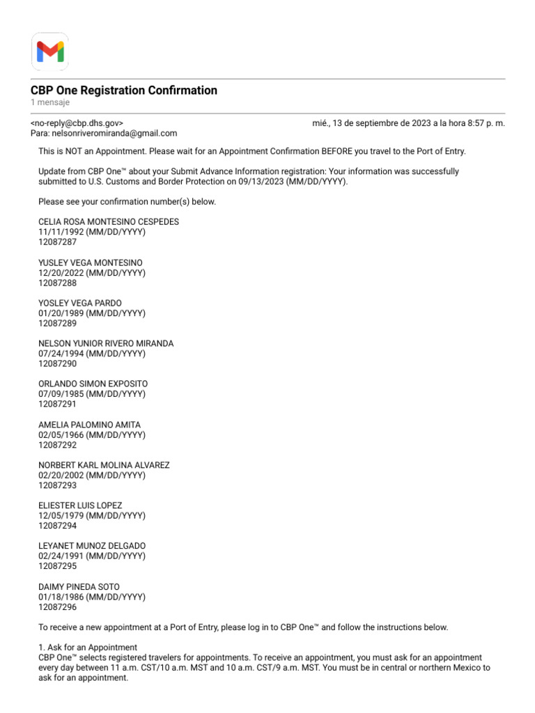 CBP One Registration Confirmation Email | PDF | United States Civil ...