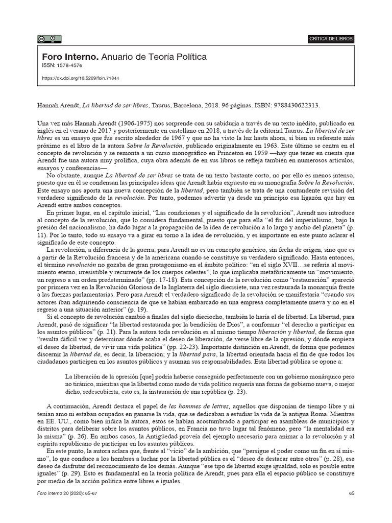 La libertad de ser libres en Arendt | PDF | Hannah Arendt | Libertad