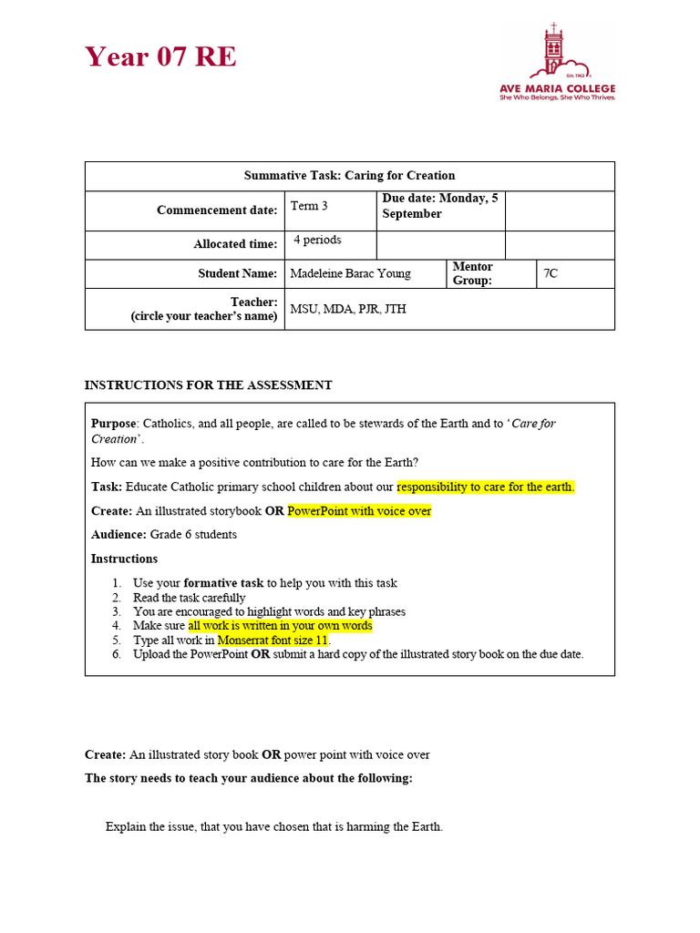Religion - Caring For Creation Summative Task | PDF