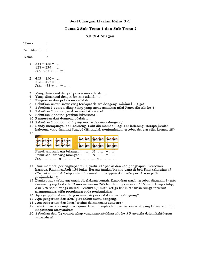 Soal Ulangan Kelas 3 C Tema 2 Sub Tema 1 Dan Sub Tema 2 | PDF | Griya & Taman