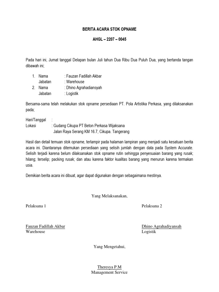 Berita Acara Selisih Barang | PDF