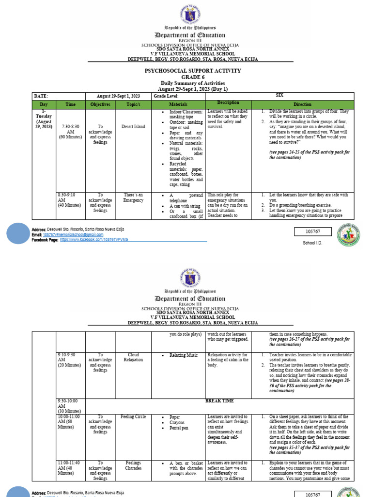 Grade 6 DLL For Psychosocial Activities Aug 29 Sept 1 2023 | PDF