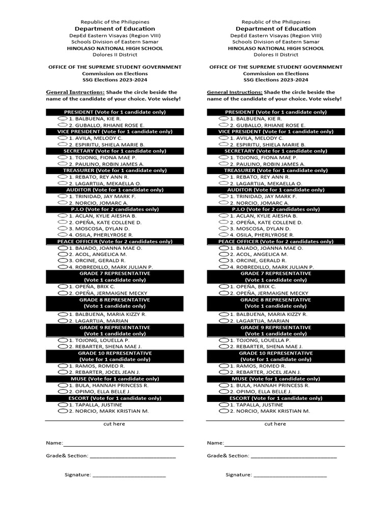 SSG Election Ballot 2023-2024 | PDF | Sports & Recreation