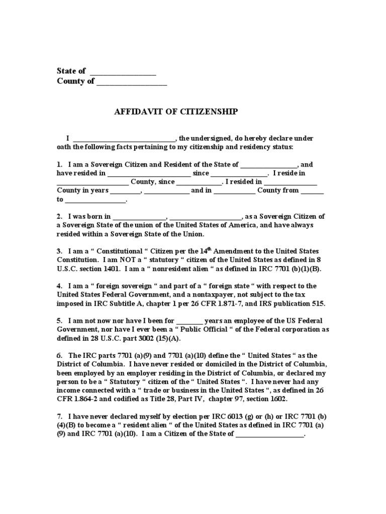 Affidavit of Citizenship-generic b | Internal Revenue Code | U.S. State