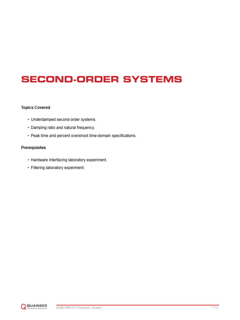 QUBE-Servo 2 - Second Order Systems Workbook (Student) | PDF | Damping | Computer Engineering