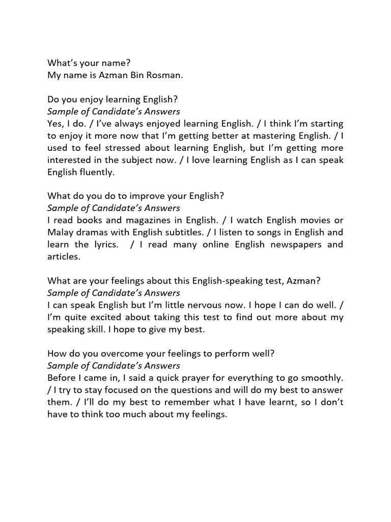 Pt3 Speaking Part 1 Pdf English Language